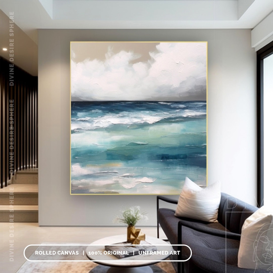 Large Original Blue Ocean Seascape Canvas Wall Art, Handmade Blue ...