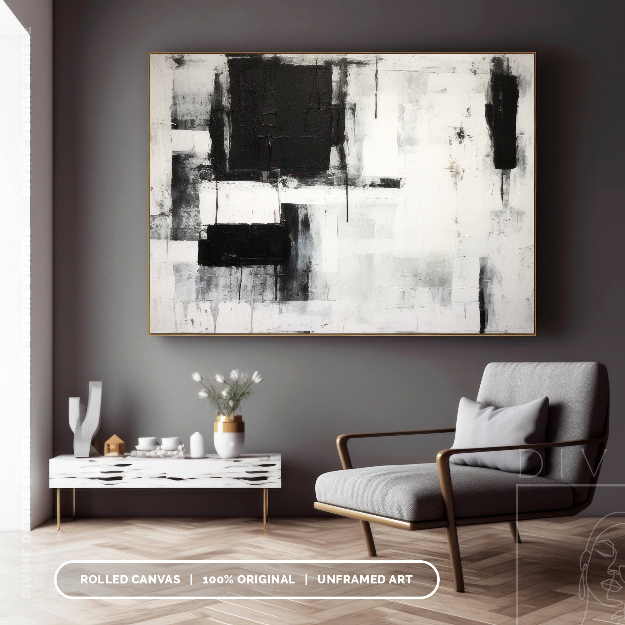 Large Minimalist Square Painting on Canvas, Minimal Black & White ...