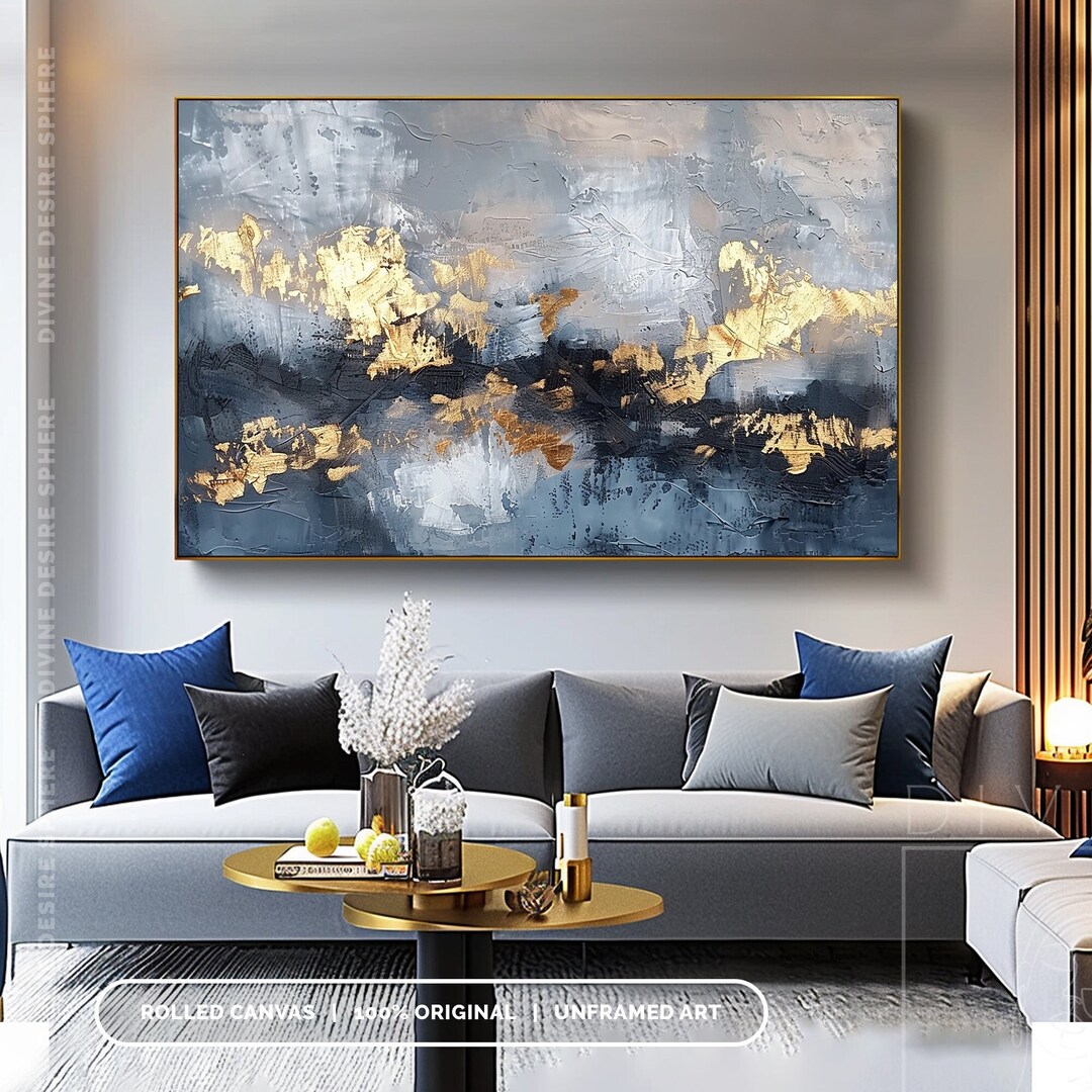 Creative Custom Horizontal Blue & Golden Texture Wall Art, Calming ...