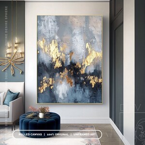 Creative Custom Horizontal Blue & Golden Texture Wall Art, Calming ...