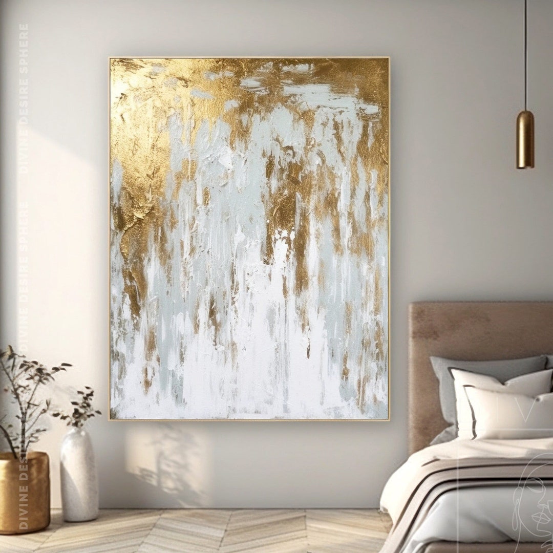 Luxury Master Bedroom Canvas Wall Art, Oversized Gold Leaf & Silver ...