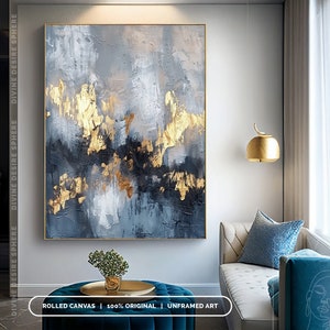 Creative Custom Horizontal Blue & Golden Texture Wall Art, Calming ...