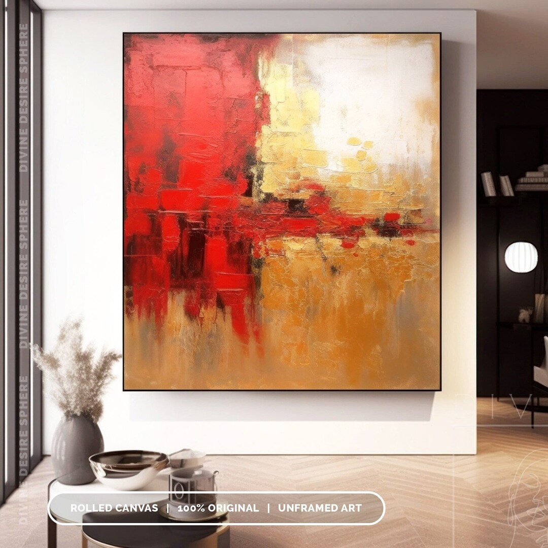 Large Original Abstract Painting Red Gold, Heavy Gold Leaf Texture ...