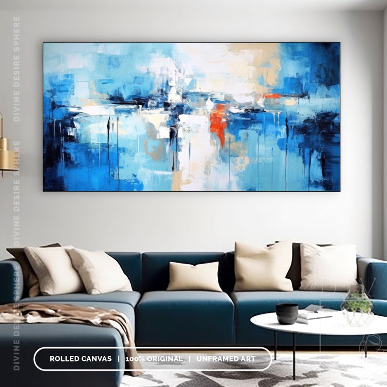Extra Large Blue Abstract Canvas Wall Art, Colorful Palette Knife Oil ...