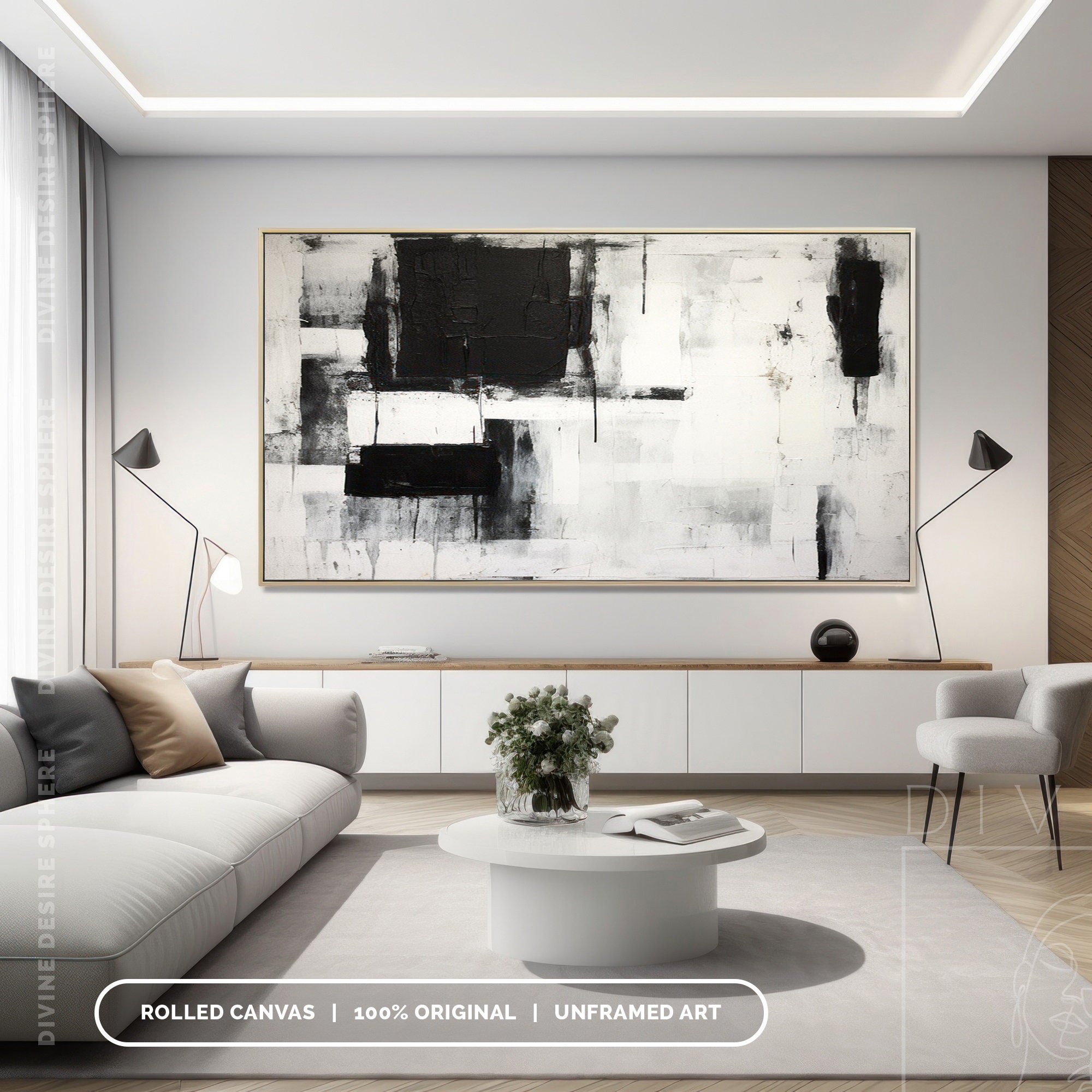 Large Minimalist Square Painting on Canvas, Minimal Black & White ...