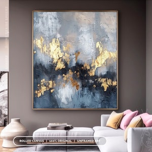 Creative Custom Horizontal Blue & Golden Texture Wall Art, Calming ...