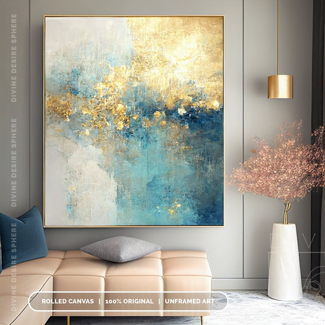 Large Modern Blue and Gold Abstract Wall Art, Gold and Blue Oil ...
