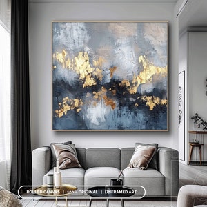 Creative Custom Horizontal Blue & Golden Texture Wall Art, Calming ...