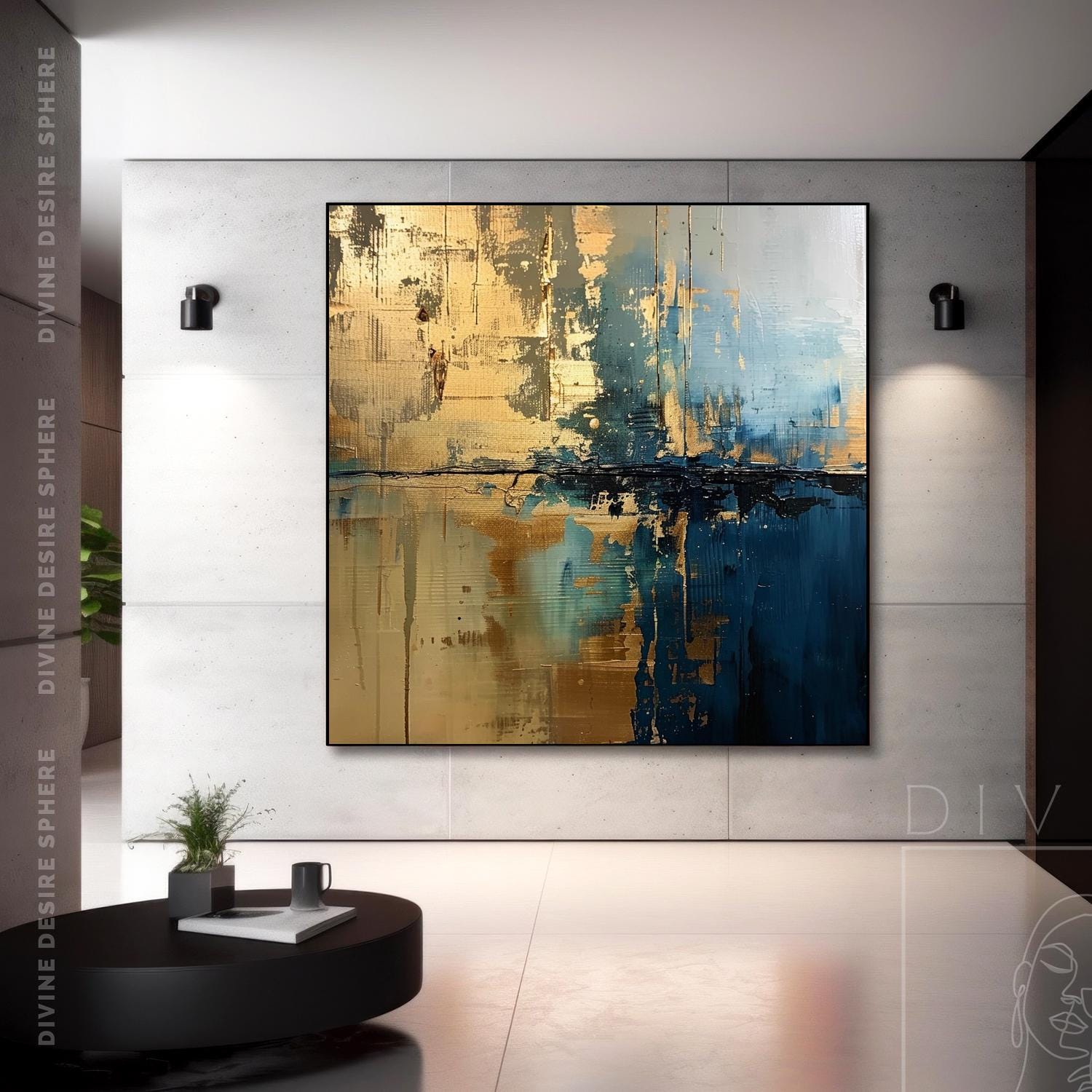 Extra Large Blue & Gold Abstract Wall Artwork for Luxury Room ...
