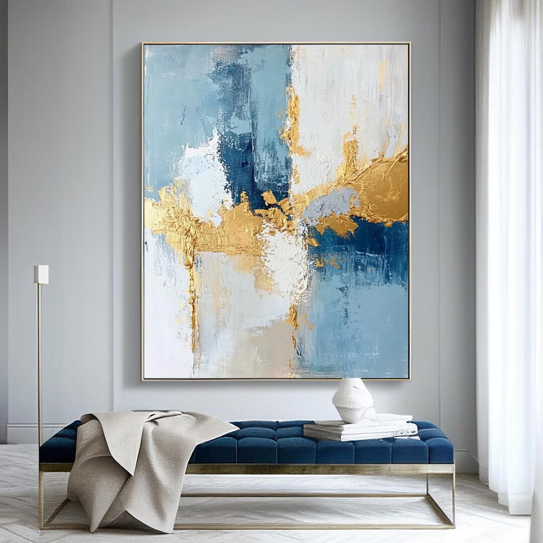 Modern Fancy Minimal Blue & Gold Canvas Art, Hand-painted Navy Blue Art ...