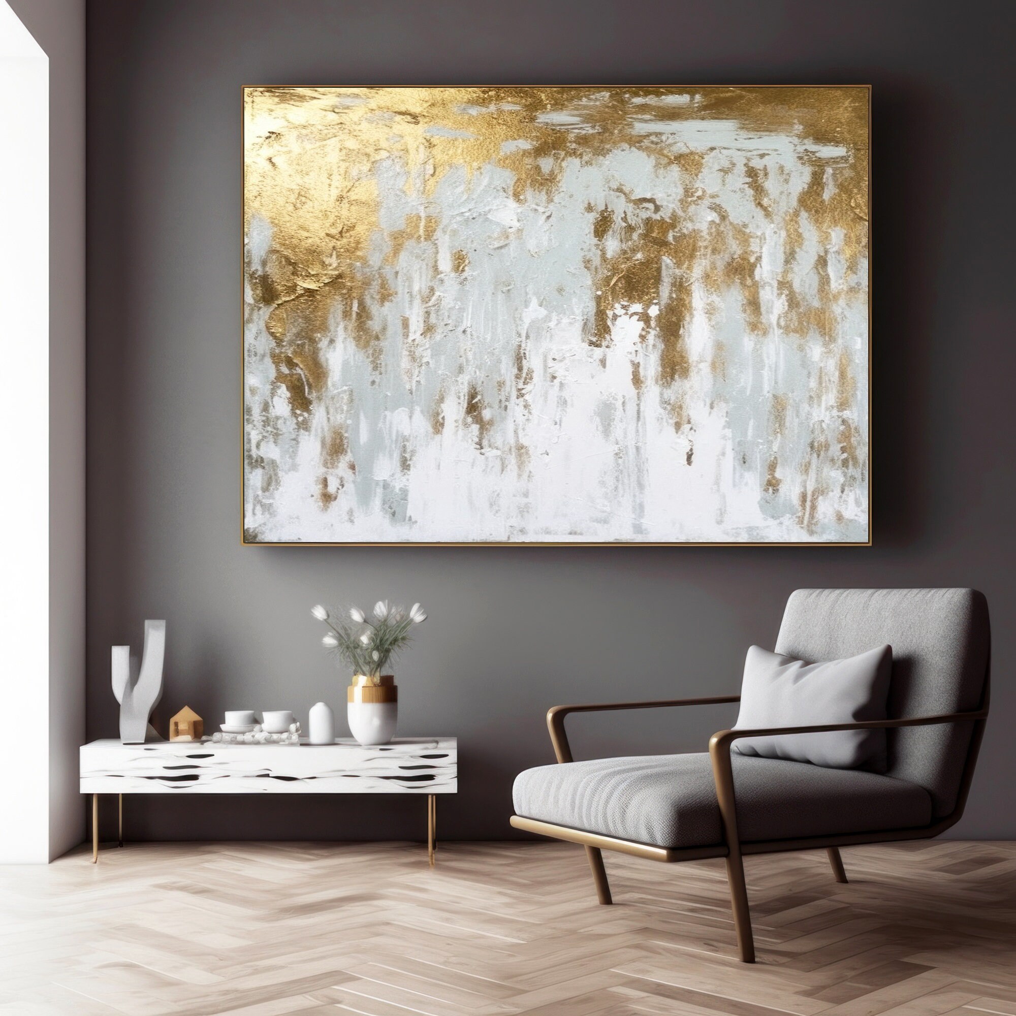 Fancy Gold & White Artwork for Home Gold Leaf Canvas Wall - Etsy