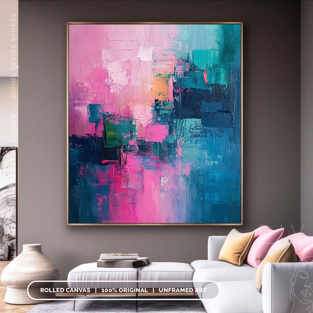 Modern Contemporary Pink & Blue Abstract Wall Artwork, Heavy Hot Pink ...