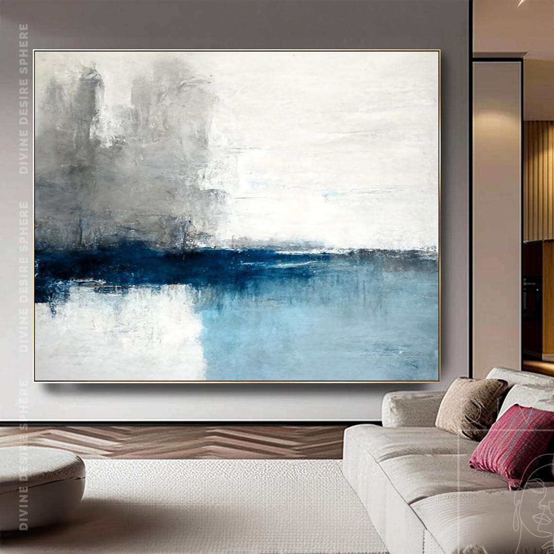 Oversized Blue & Grey Artwork on Canvas, Modern Hand-painted Greyish ...