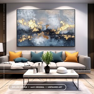 Creative Custom Horizontal Blue & Golden Texture Wall Art, Calming ...