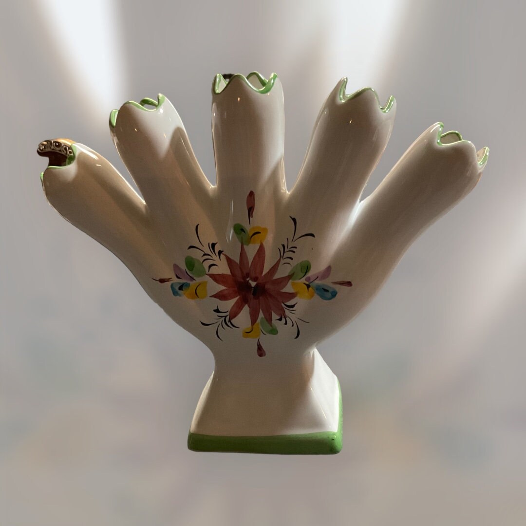 Small Ceramic Hand Painted Portugal 5 Finger Vase. Flower Motif. 6 X 6 ...