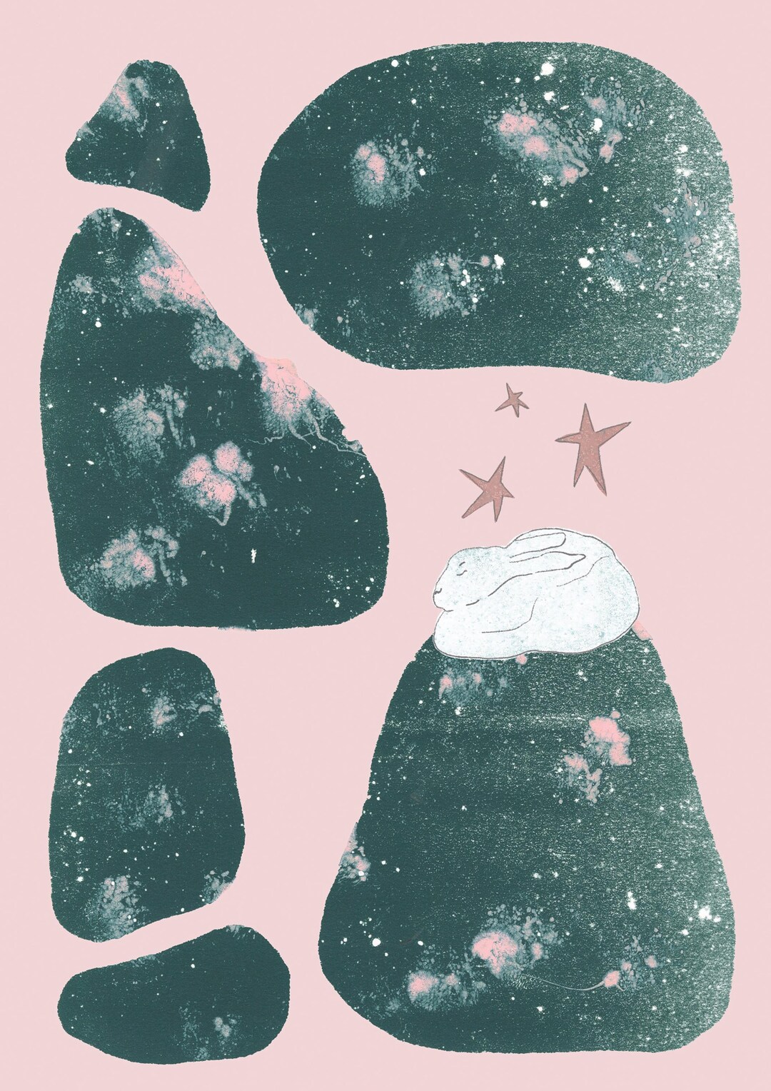 Sleeping Rabbit Print, Cute Rabbit Illustration, Abstract Monoprint ...