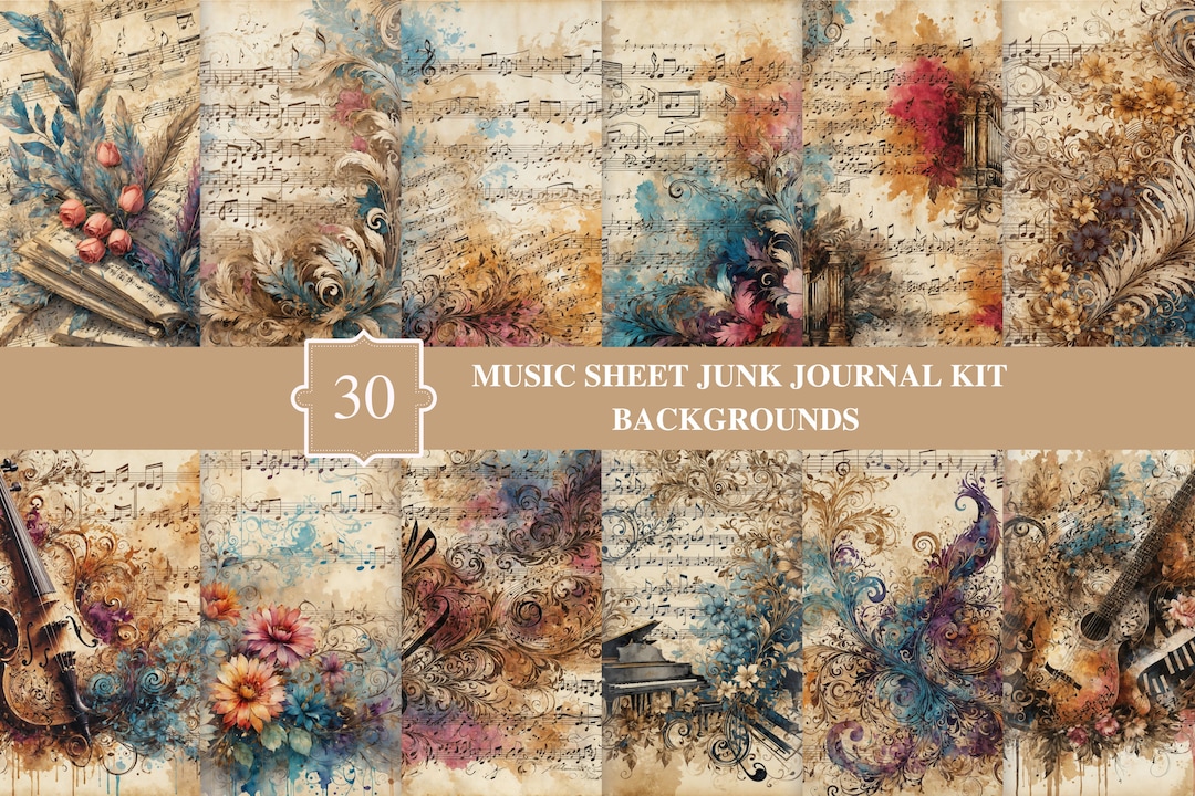 30 Music Sheet Junk Journal Water Color Kit Pictures Bundle Printable ...