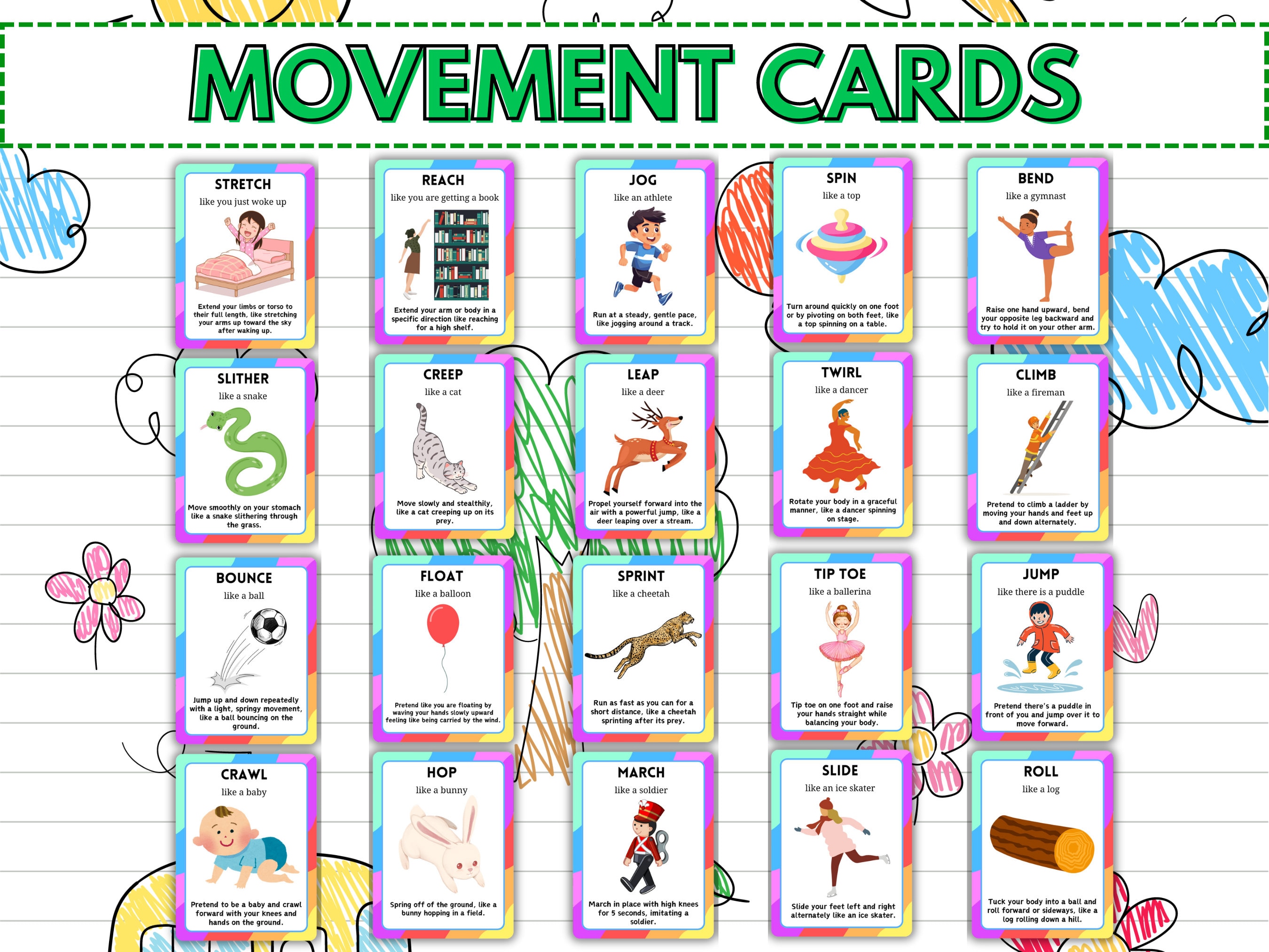Printable Kindergarten/preschool Movement Cards - Full Color - 40 ...