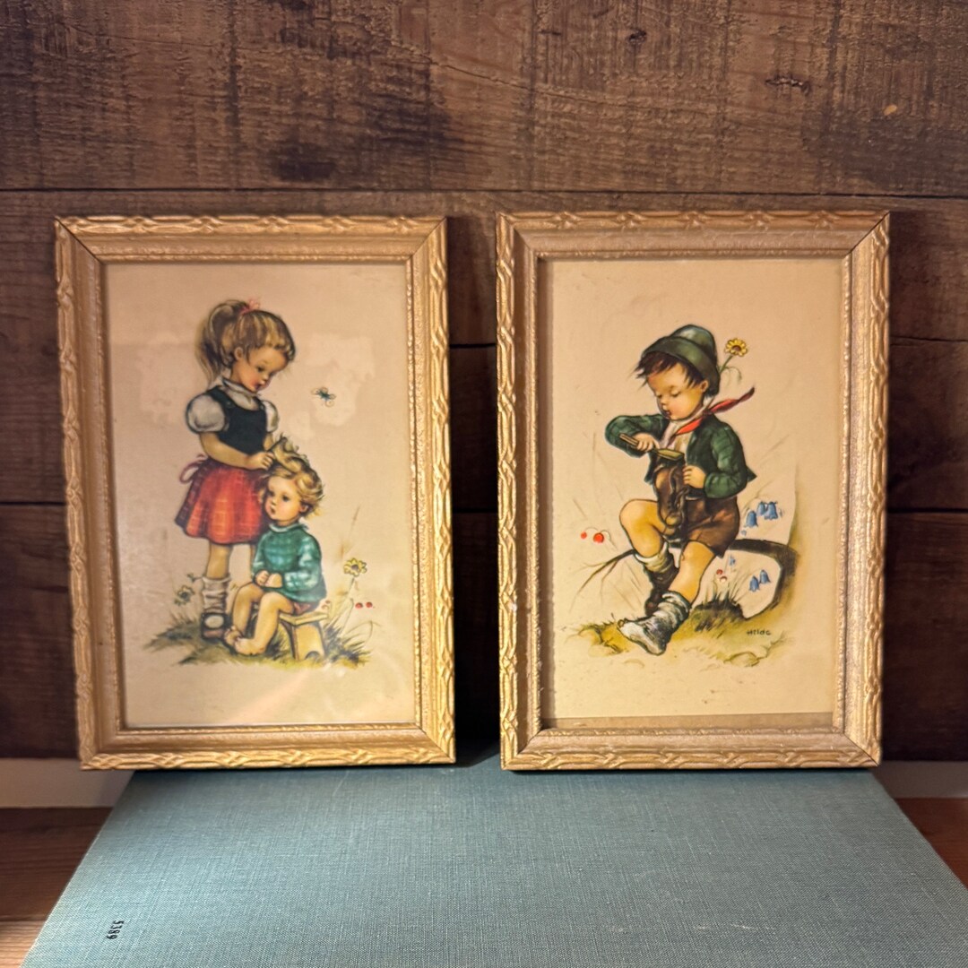 Vintage Framed Wall Art A Hilde German Cards Framed Boy & Girl Art ...
