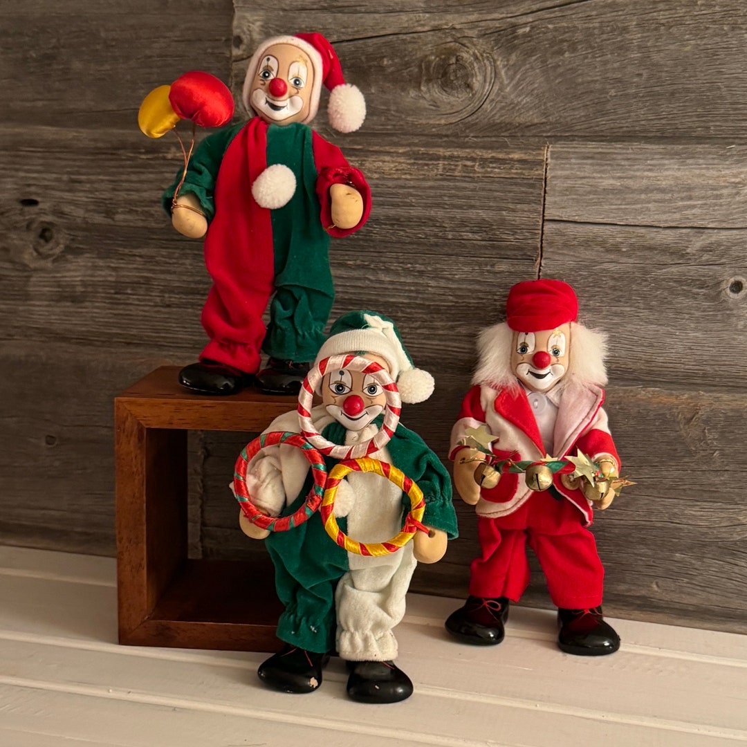 Vintage 1970s Christmas Clown Dolls ~ Bendable Ceramic Figurines ~ Set ...