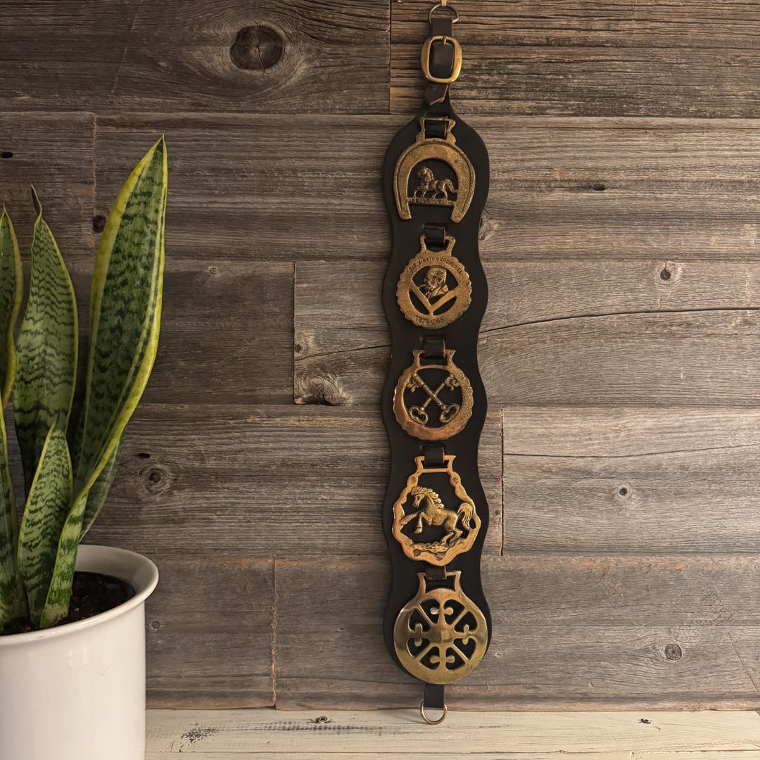 Vintage Brass Horse Medallions on Black Leather Strap ~ Equestrian ...