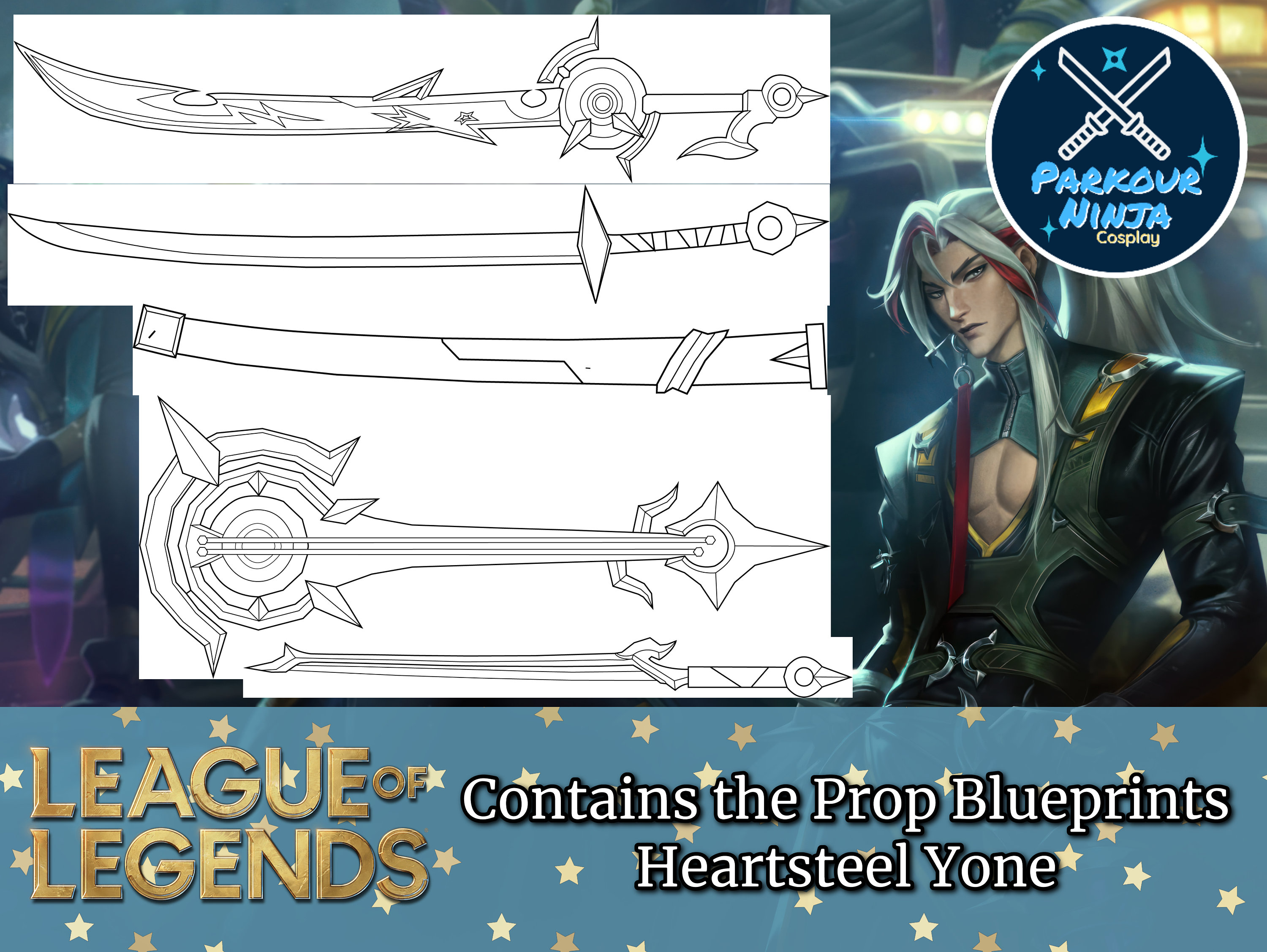 Heartsteel Yone Template EVA Foam | Pepakura | Blueprint | League of ...