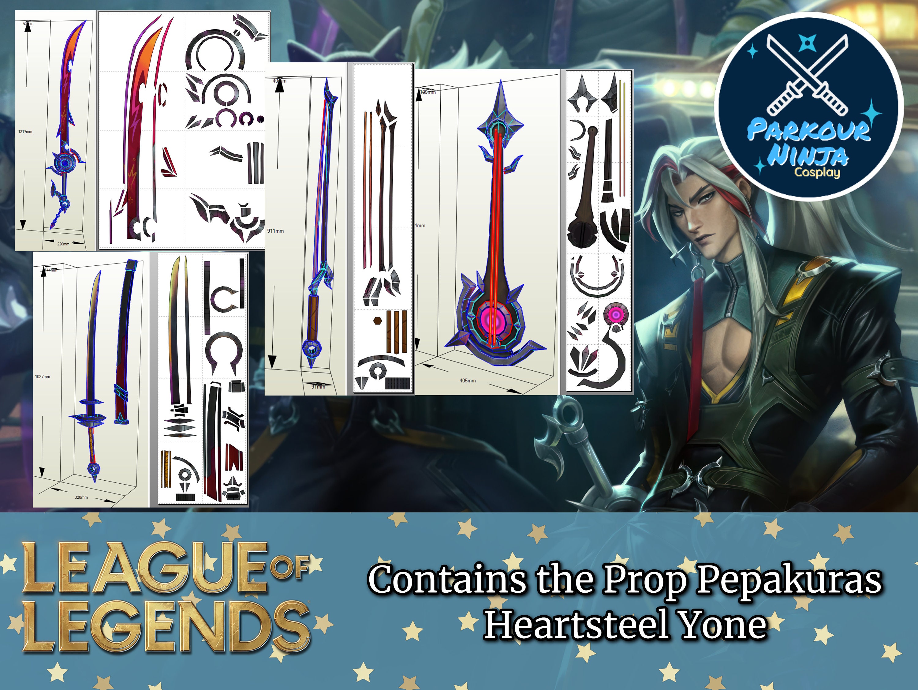 Heartsteel Yone Template EVA Foam | Pepakura | Blueprint | League of ...