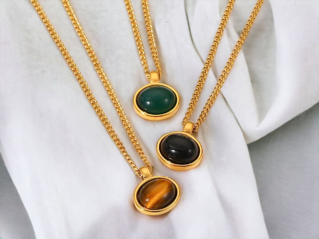 Natural Stone Pendant Necklace, Black Green Brown Agate Vintage Jewelry ...