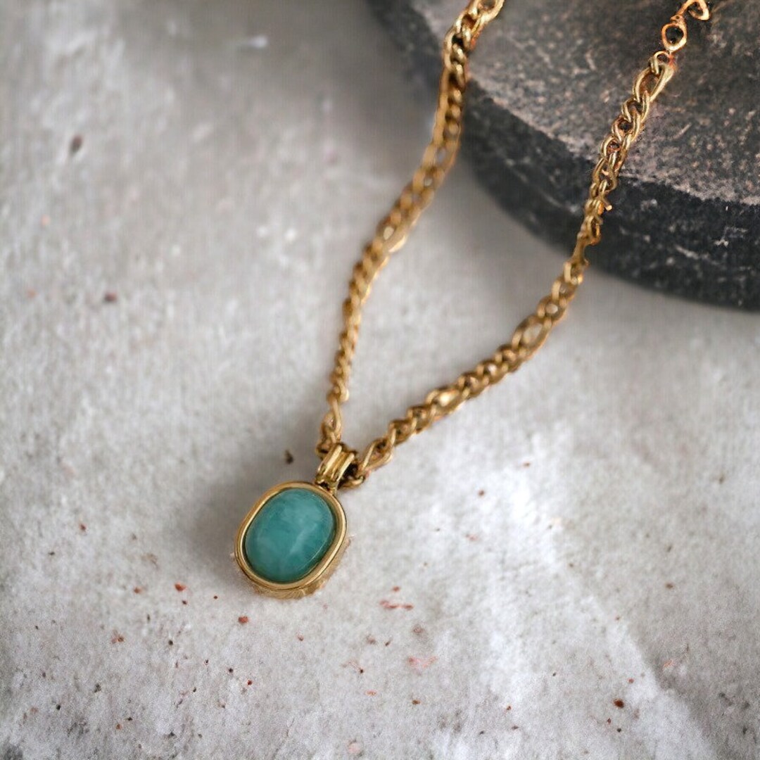 Crystal Ellipse Pendant Gold Chain Necklace, Blue Gemstone Dainty ...