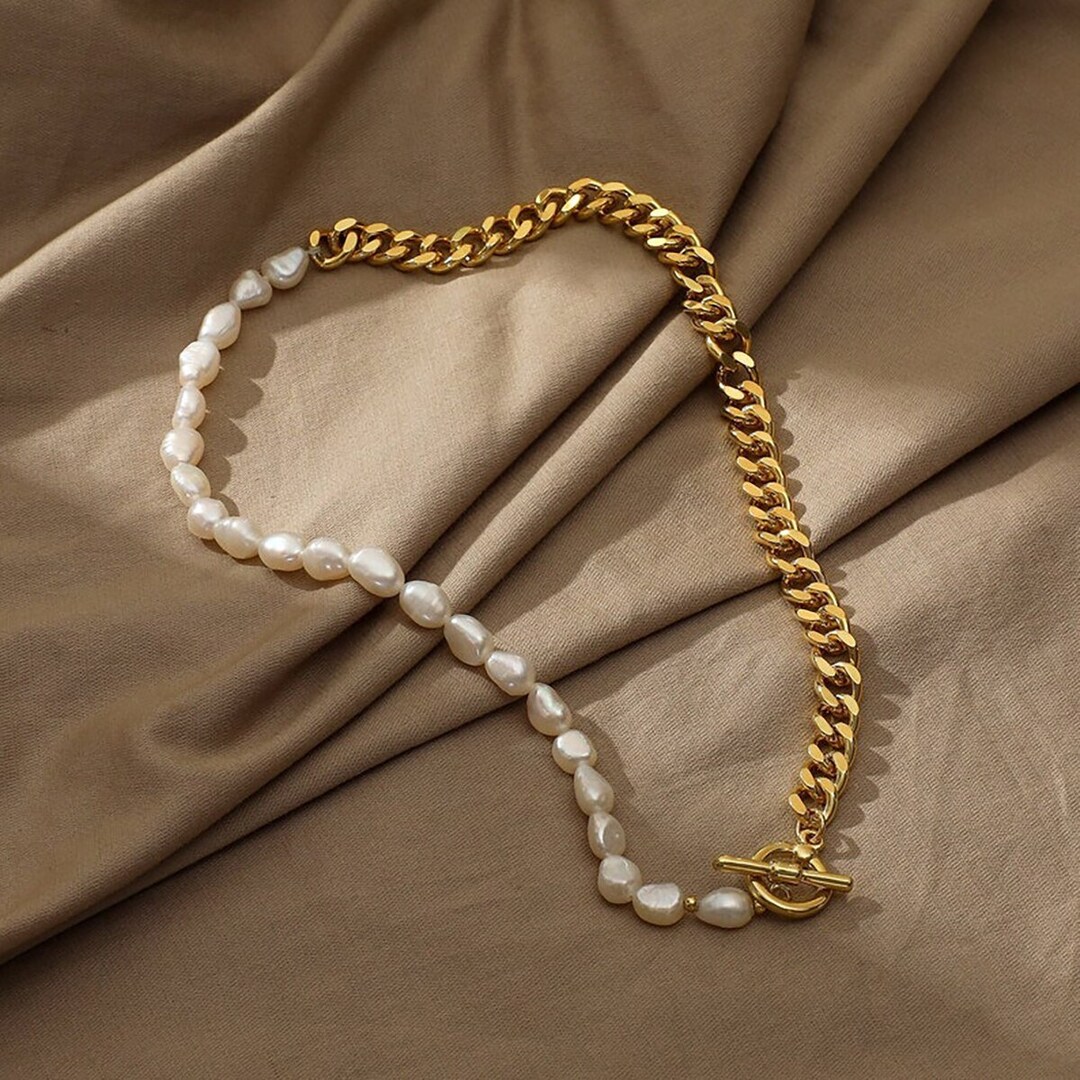 Half Chain Half Pearl Necklace Steel Cuban Chain Gold Plated - Etsy