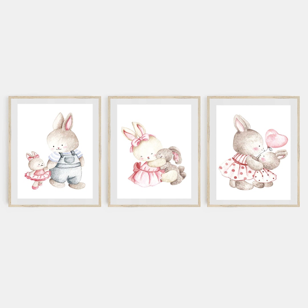 Playroom Poster Set of 3, Pink Rabbit Animal Print for Nursery, Girl ...