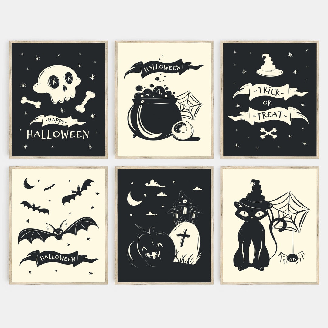Halloween Themed Poster Set of 6, Trick or Treat Pumpkin and Skull Bat ...