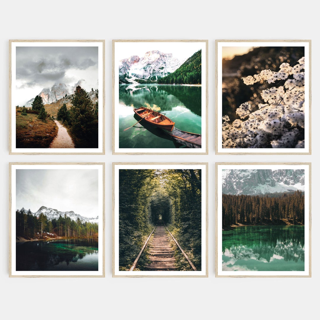 Nature Scenery Poster Set of 6, Forest Mountains Leafy Railway Boat on ...