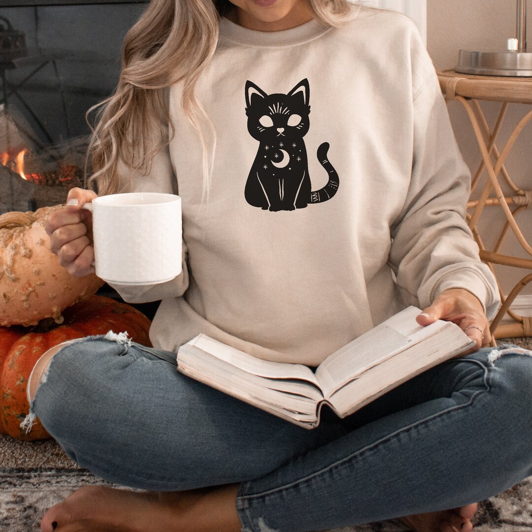 Black Cat Hoodie, Celestial Shirt, Moon Phases Sweater, Witchy Clothing ...