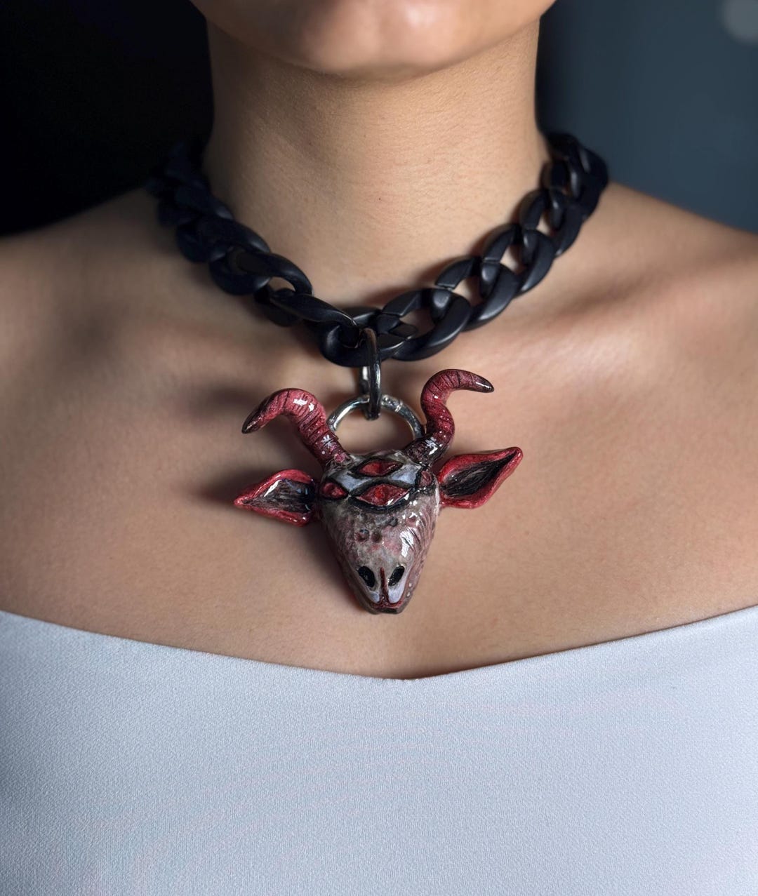 Hand-sculpted Three-eye Goat Pendant, Chunky Black Chain Necklace - Etsy