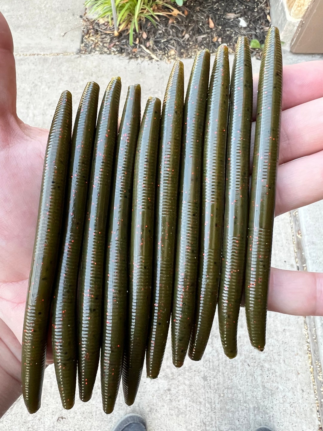 10 Pack - 5” Custom Made Stick Worms Green Pumpkin Red Flake Heavy Salt ...