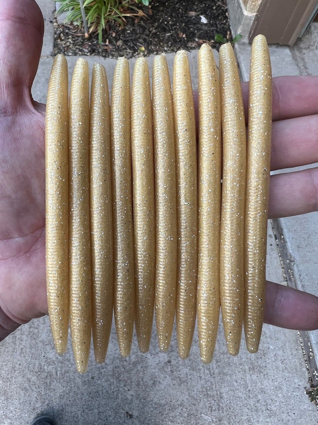 10 Pack - 5” Custom Made Stick Worms Gold Silver Flake Heavy Salt Wacky ...