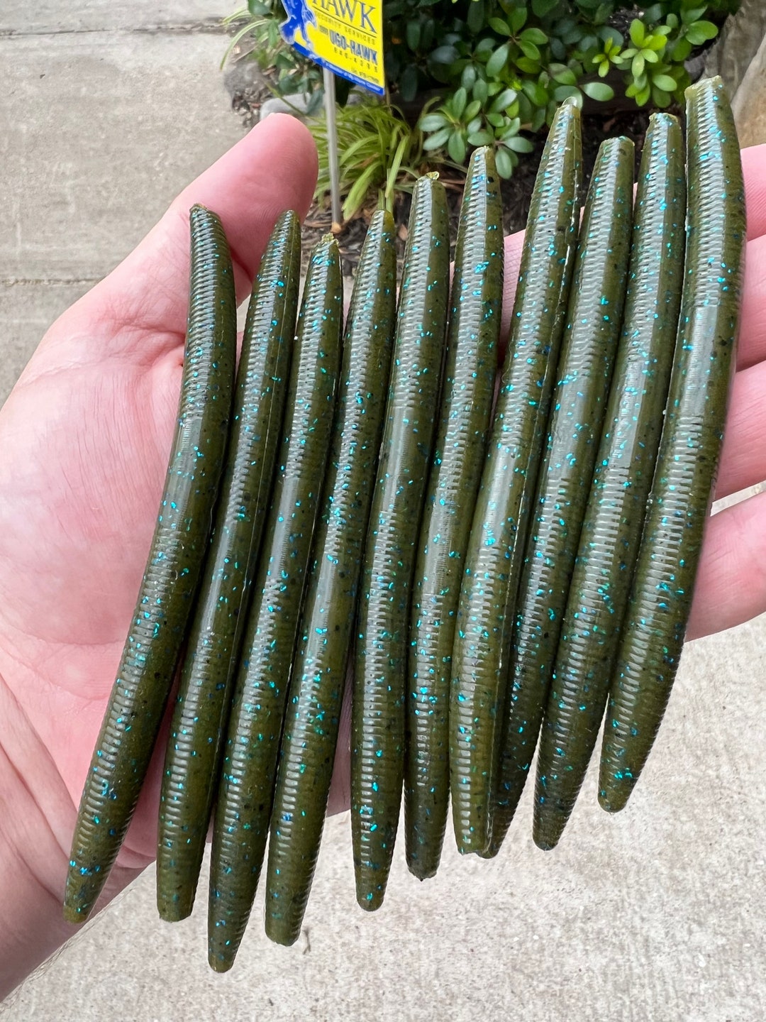 10 Pack - 5” Custom Made Stick Worms Green Pumpkin Blue Flake Heavy ...