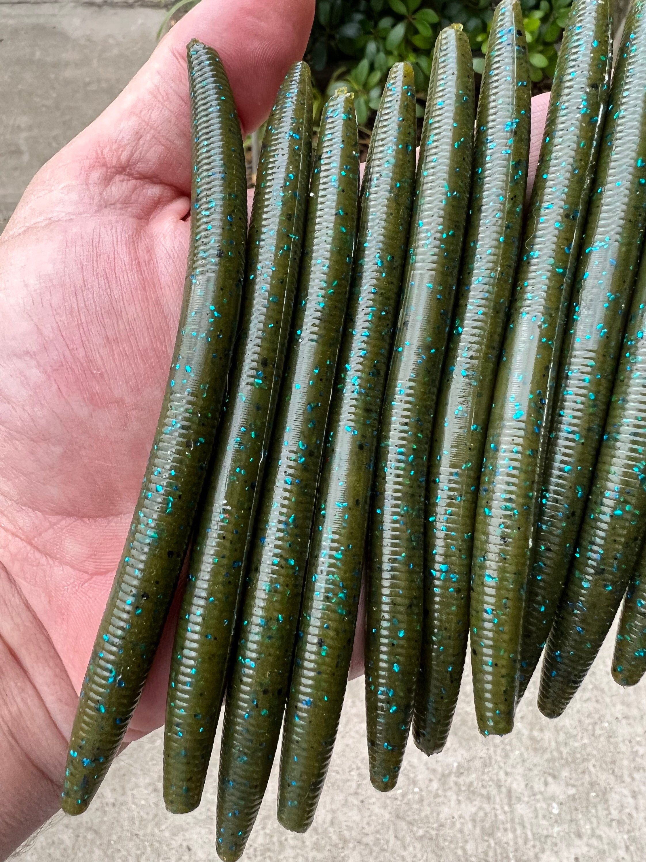 10 Pack - 5” Custom Made Stick Worms Green Pumpkin Blue Flake Heavy ...