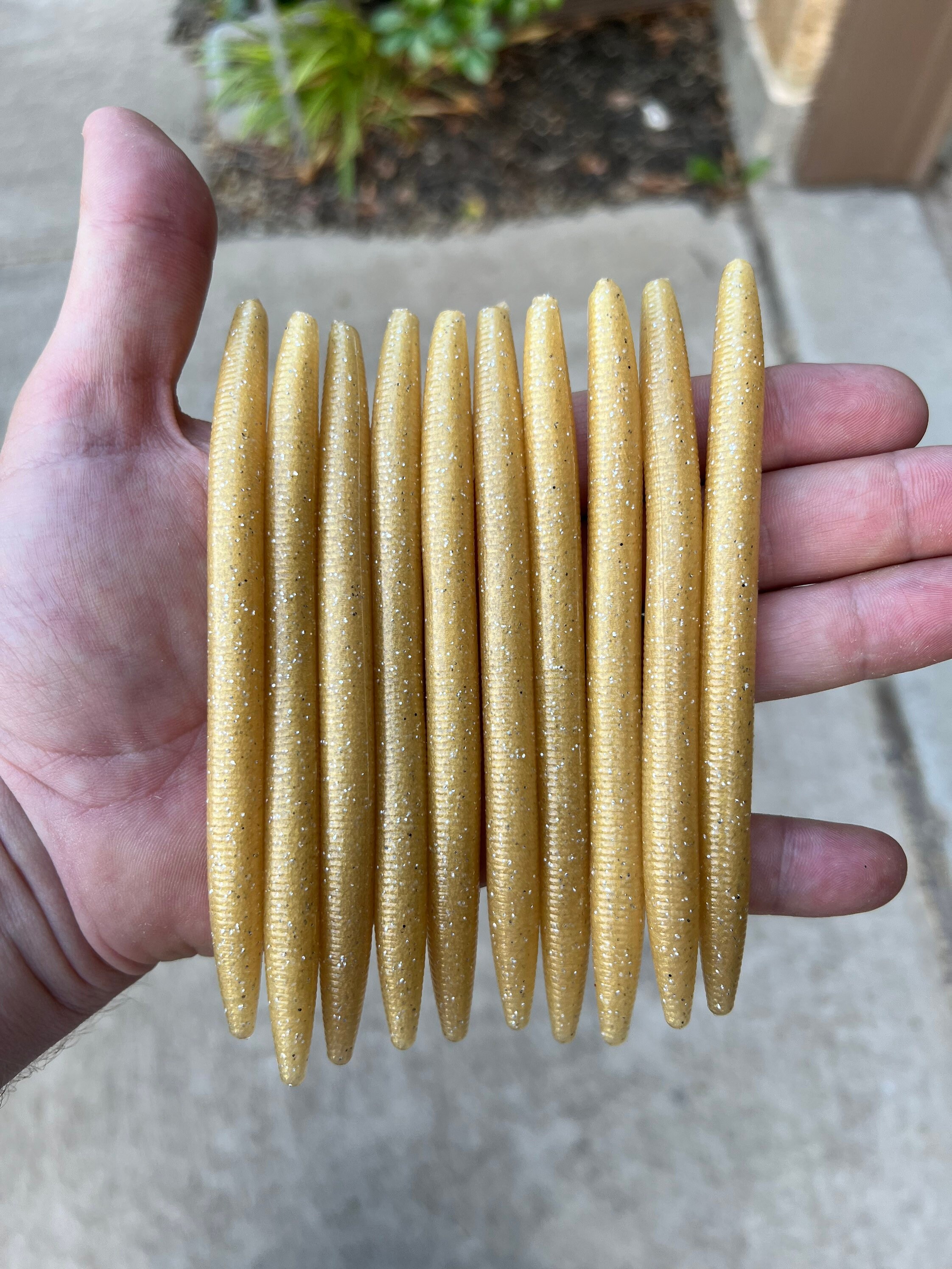 10 Pack - 5” Custom Made Stick Worms Gold Silver Flake Heavy Salt Wacky ...