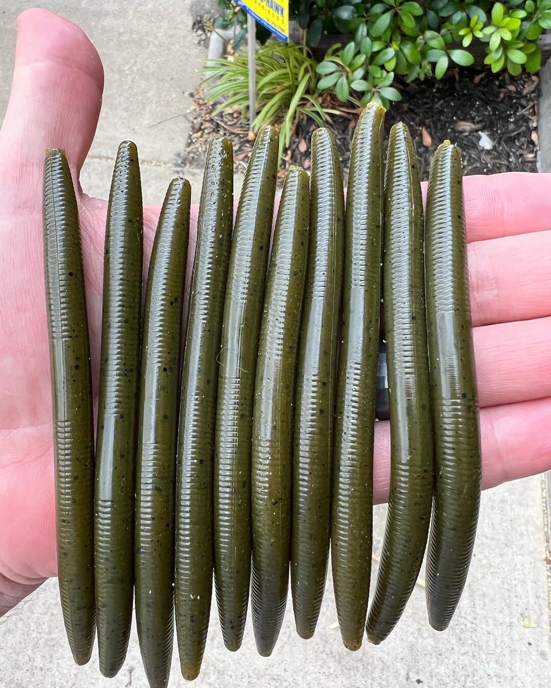 10 Pack - 5” Custom Made Stick Worms Green Pumpkin Black Flake Heavy ...