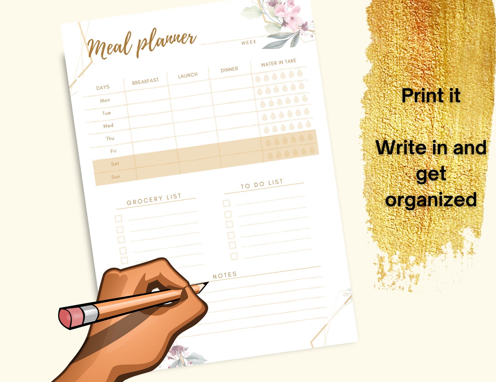 Printable Flower Gold Planner Daily , Weekly & Month Plan, Schedule, to ...