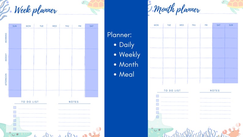 Printable SEA ANIMAL Planner Daily Plan, Weekly Plan, Month Plan, to Do ...