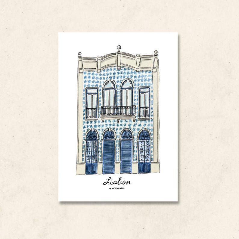 Blue Building Watercolor Sketch | Postcard | Azulejo | Lisboa ...