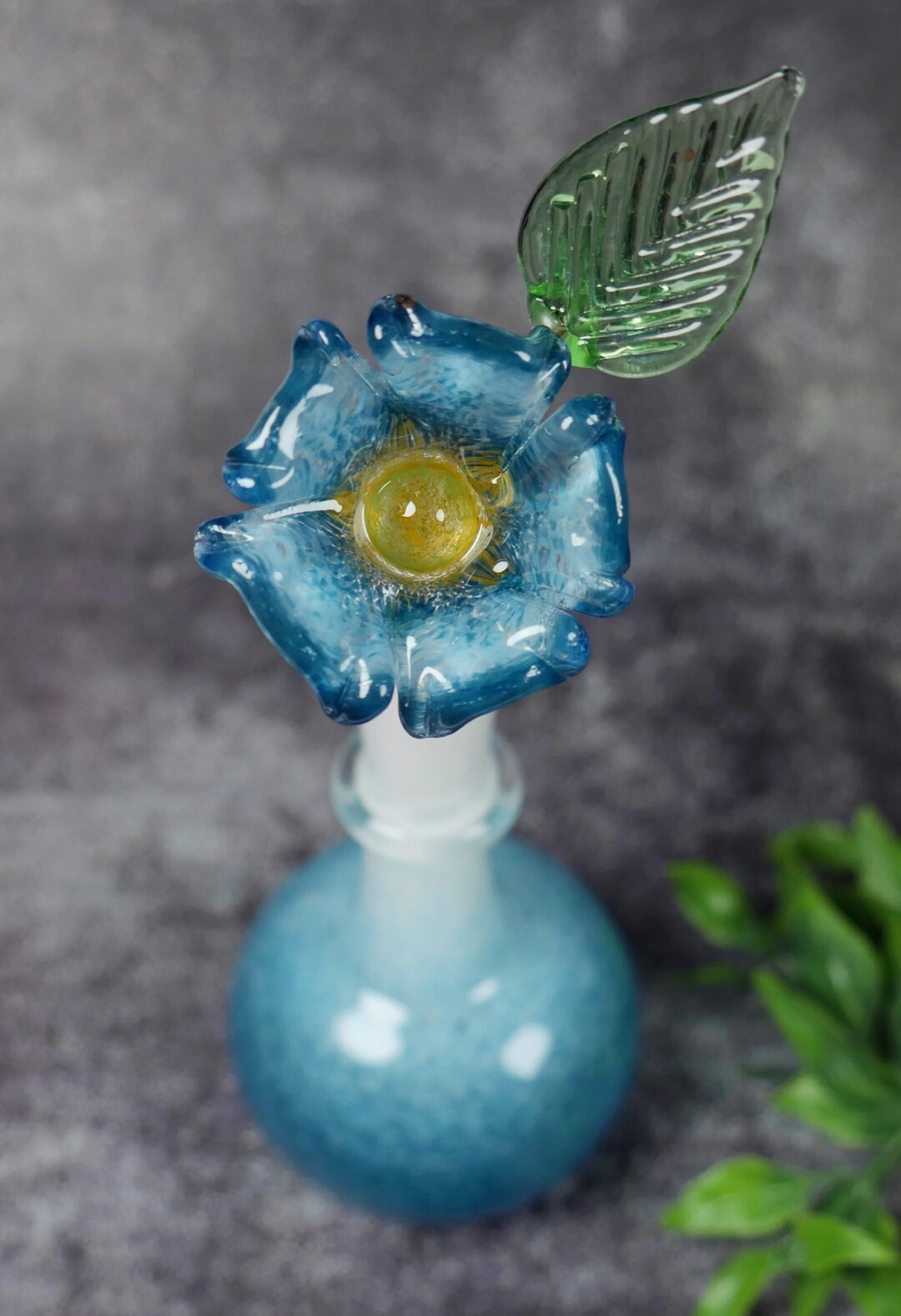 Handmade Glass Forget-me-not Flower With Artisan Vase & Leaf – Unique ...