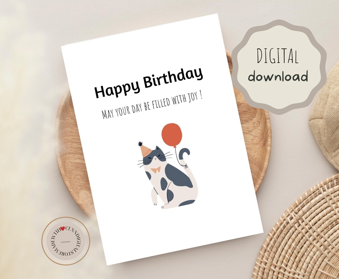 Printable Cat Birthday Card, Instant Download 7" X 5" Card, Digital ...