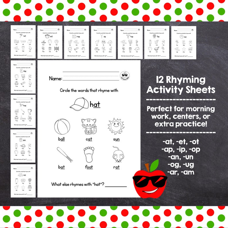 12 Rhyming Printable Educational Worksheets for Prek and Kindergarten ...