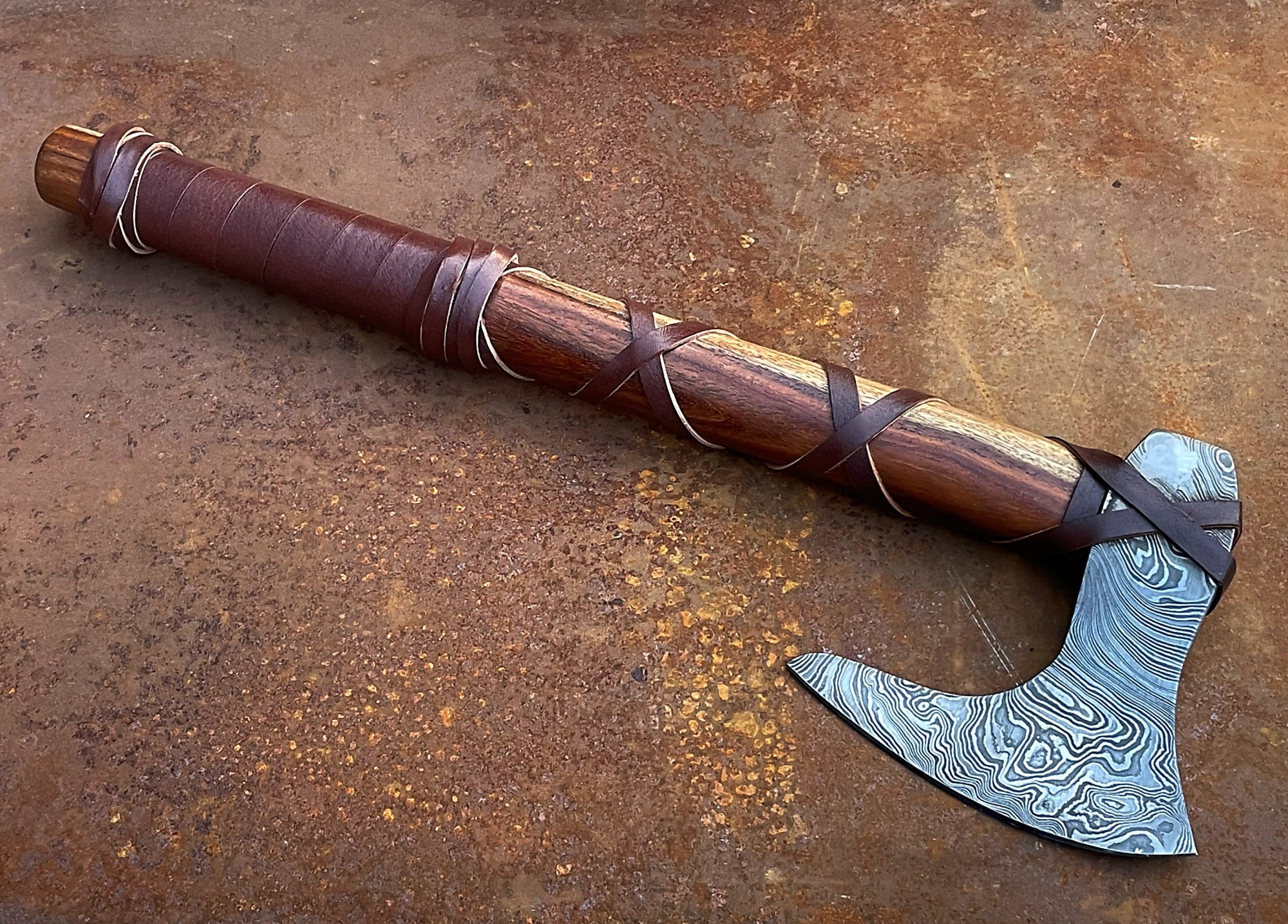 Viking Axe Custom Made Hand Forged Damascus Steel Axe Hatchet Leather ...