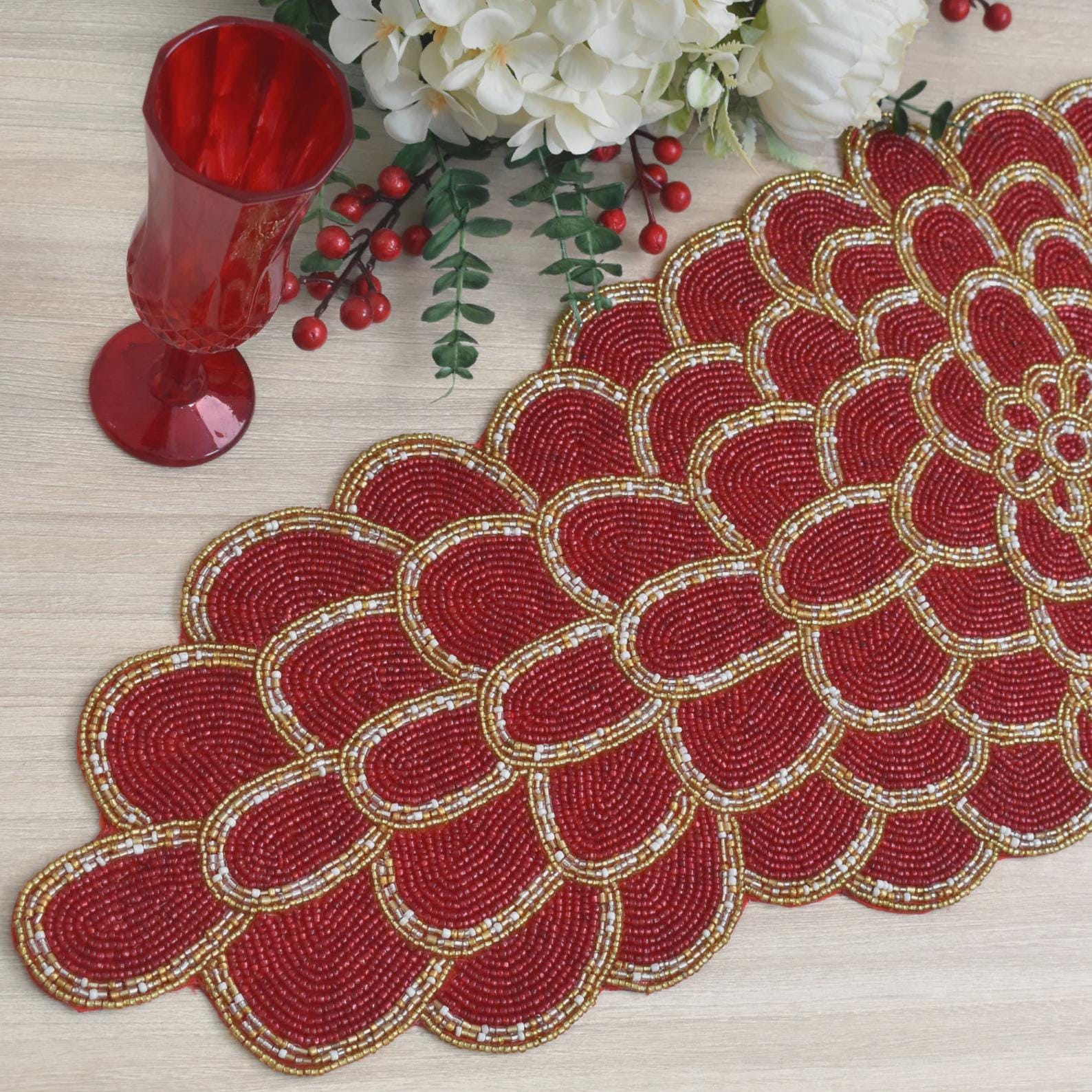 Handmade Table Runner, Beaded Table Runner, Red Gold Floral Mat, Luxury ...