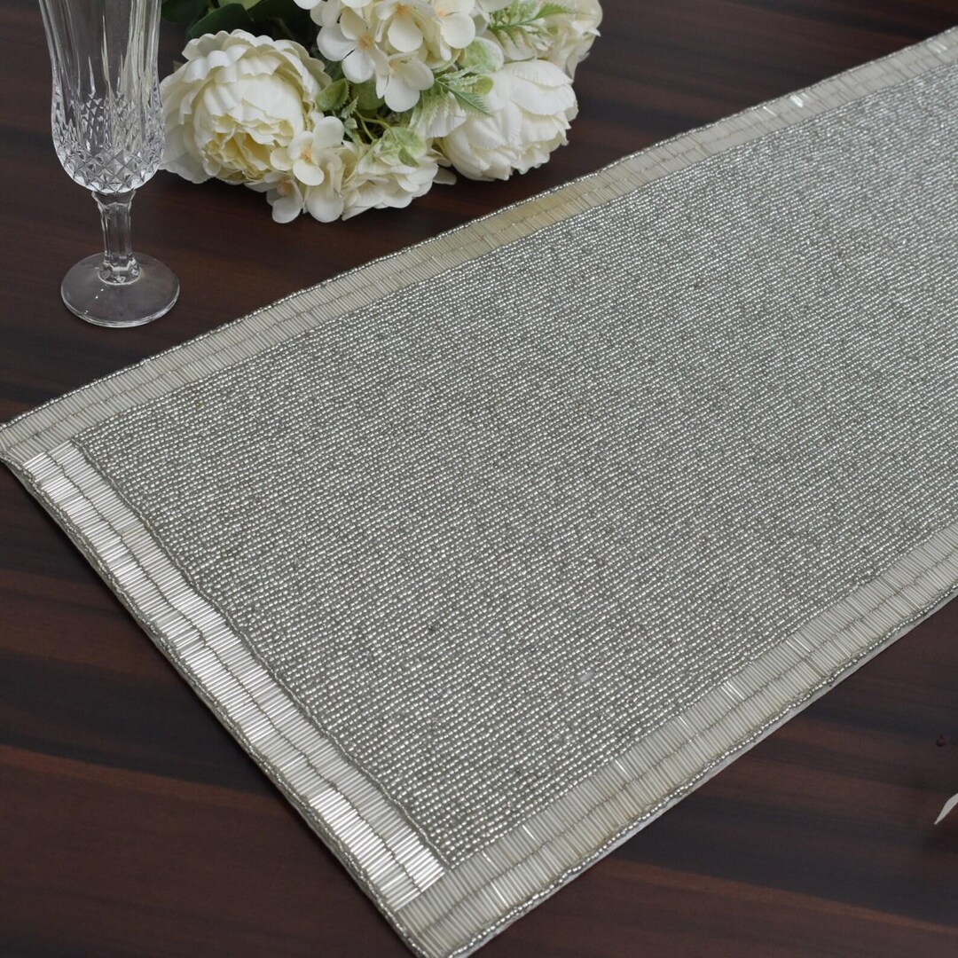 Handmade Bead Table Runner, Silver, Luxury Beaded Mat, Hand Beaded ...